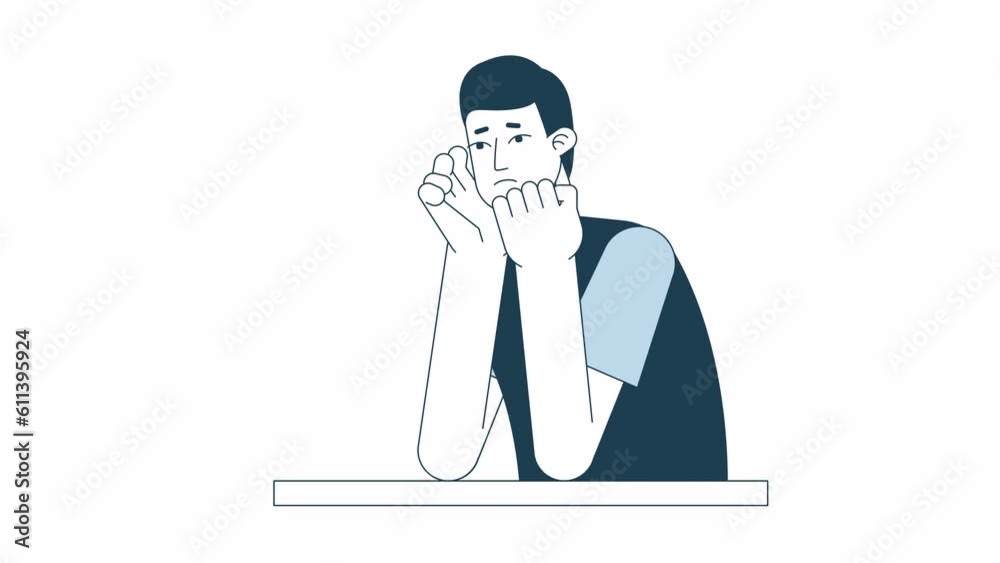 Animated young sad man at desk. Student struggling with homework ...