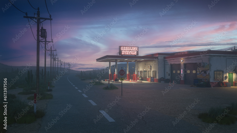 Remote gas station on an empty desert road at night. 3D illustration ...