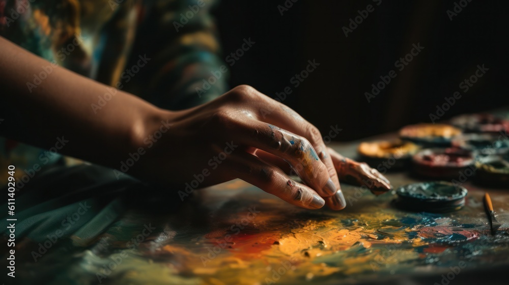 Artist Works on Oil Painting, Moving Paint Brush Energetically She ...