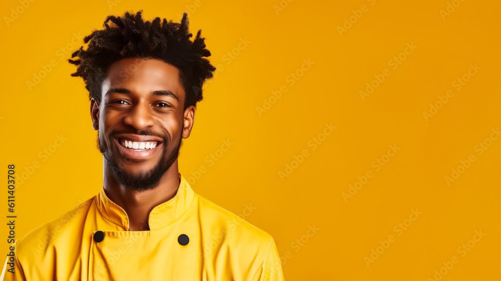 Portrait of black American smiling male chef, on a solid background ...