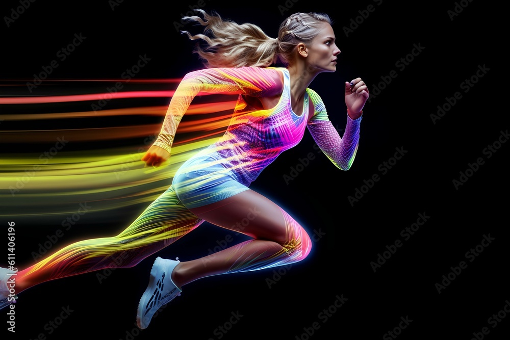 blonde woman in a running-suit, colorful and dynamic trail behind the ...