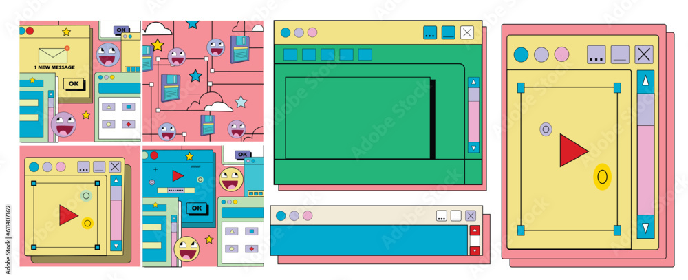 Retro Fun groovy user interface. Frames for slogan, template for square ...