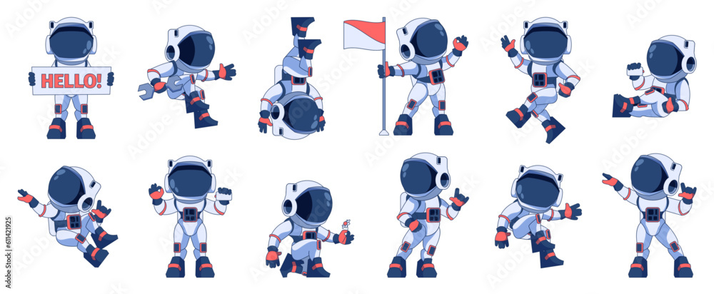 Astronaut character set. Cartoon space explorers in different poses ...
