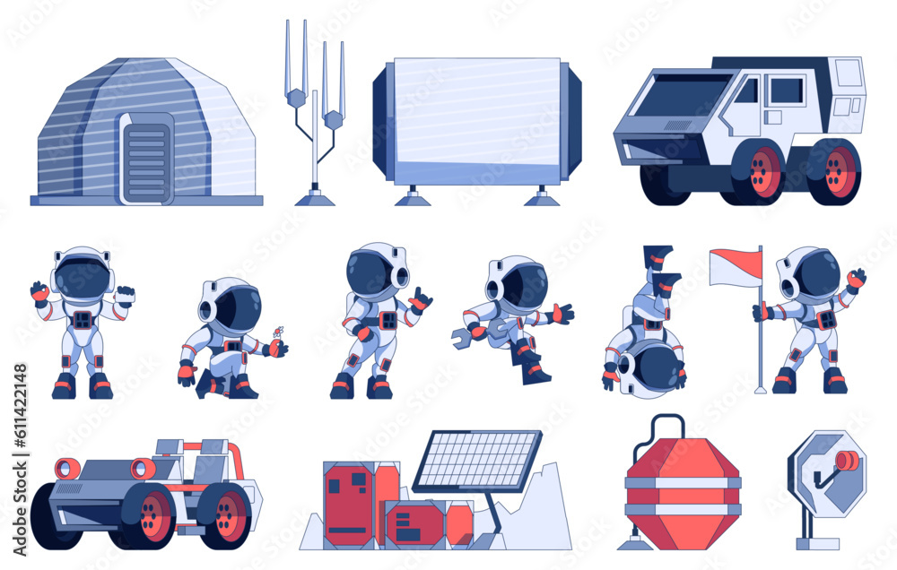 Astronaut and rover collection. Cartoon space exploration machines ...