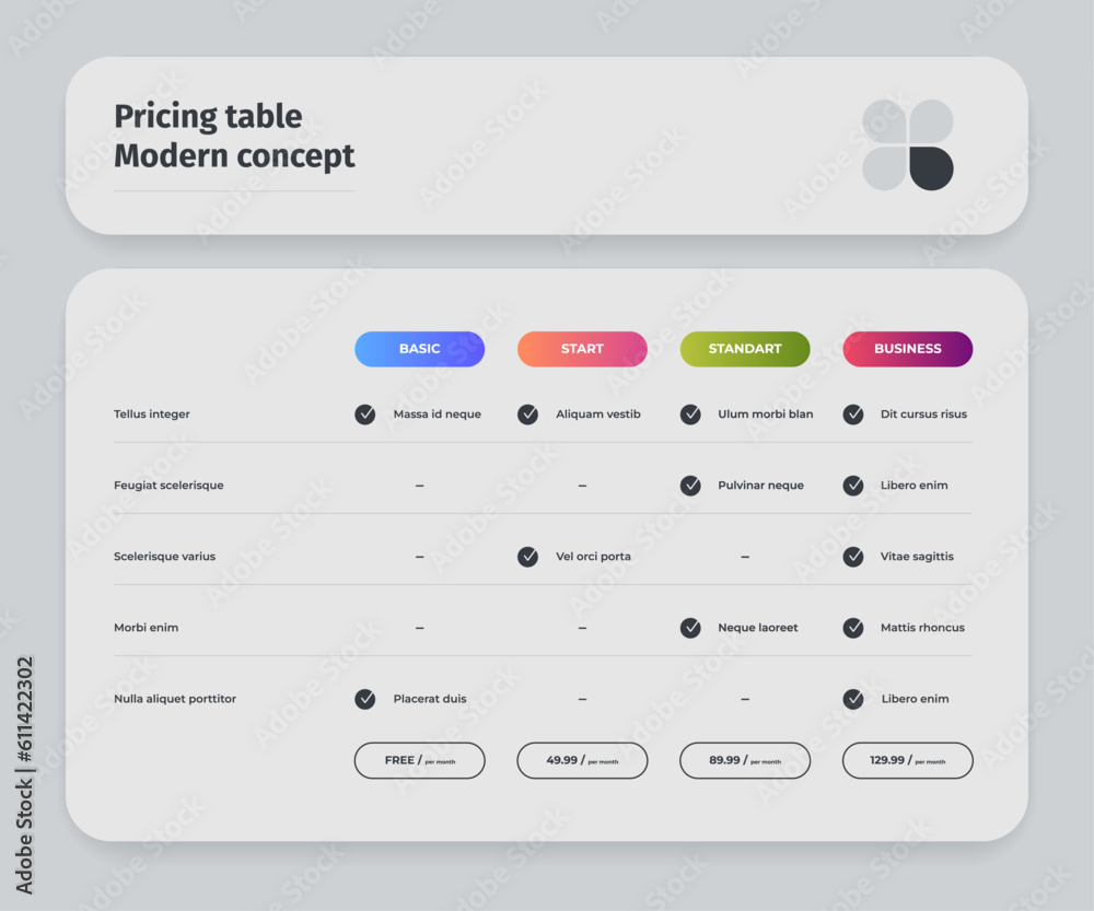 Pricing table. Spreadsheet with subscription feature, compare and order ...
