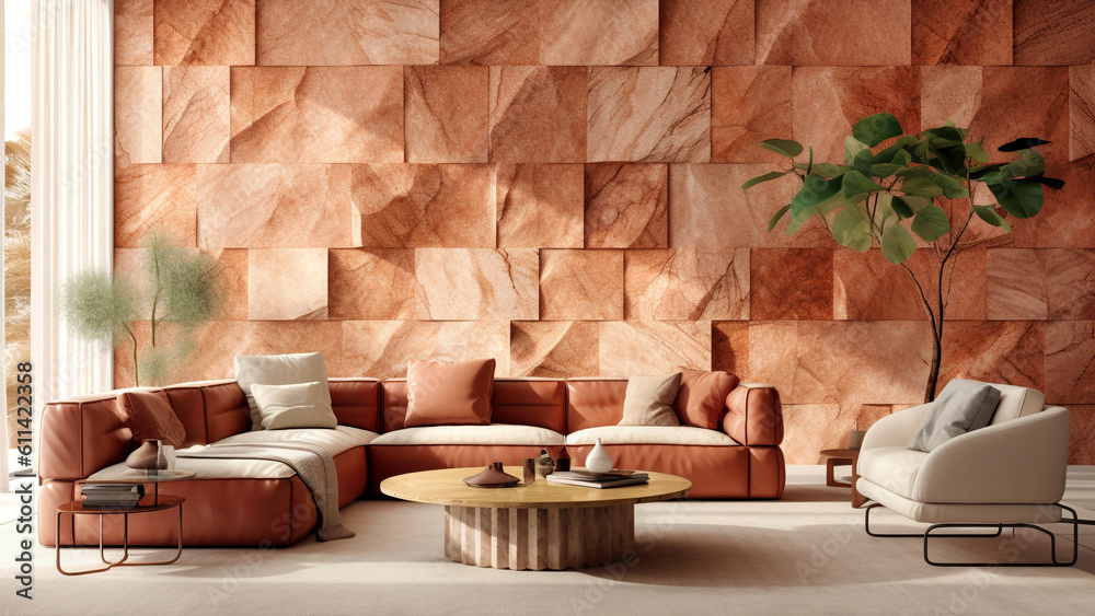 Leather terra cotta sofa near stone tiled 3d panel wall. Interior ...