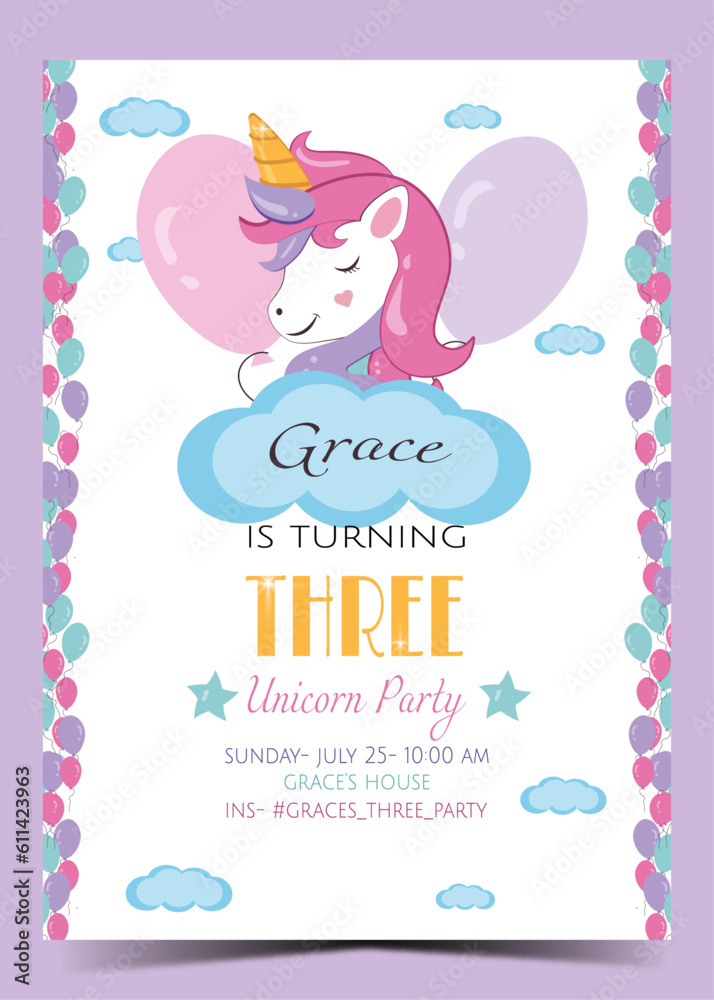 Birthday card with Unicorn elements design. Turning Three years ...