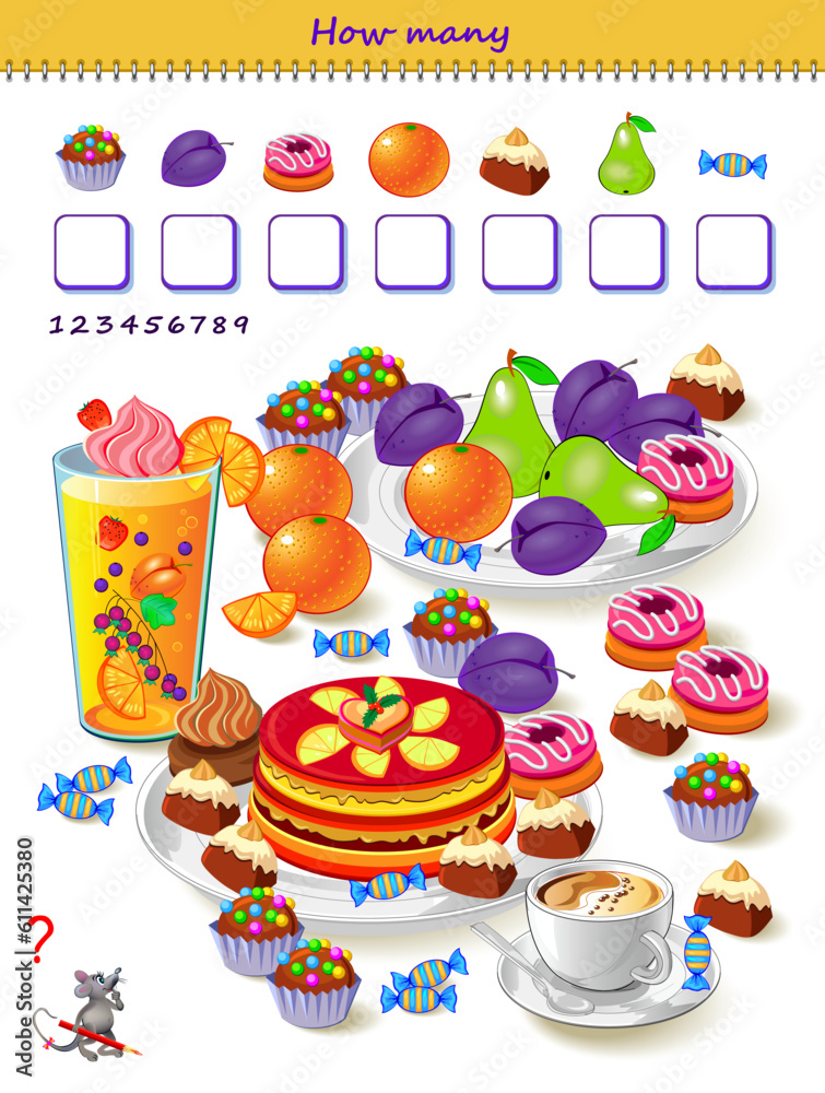 Educational page for little children. How many sweets can you find in ...