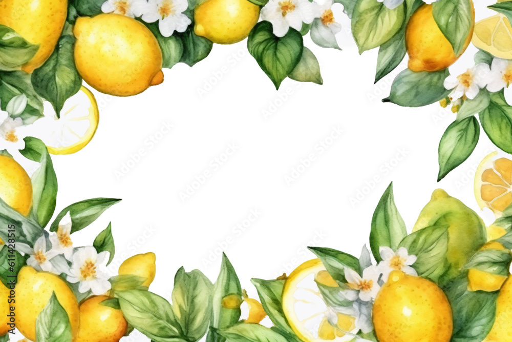 border decorated with Lemons, leaves and flowers in watercolor design ...