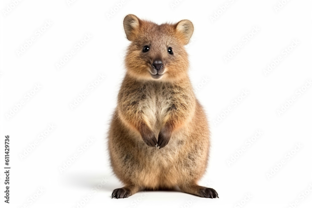 A friendly quokka sitting on its hind legs on white background ...