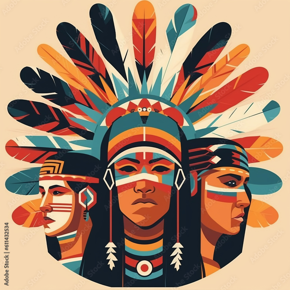 ภาพประกอบสต็อก Indigenous people on abstract multicolored background ...