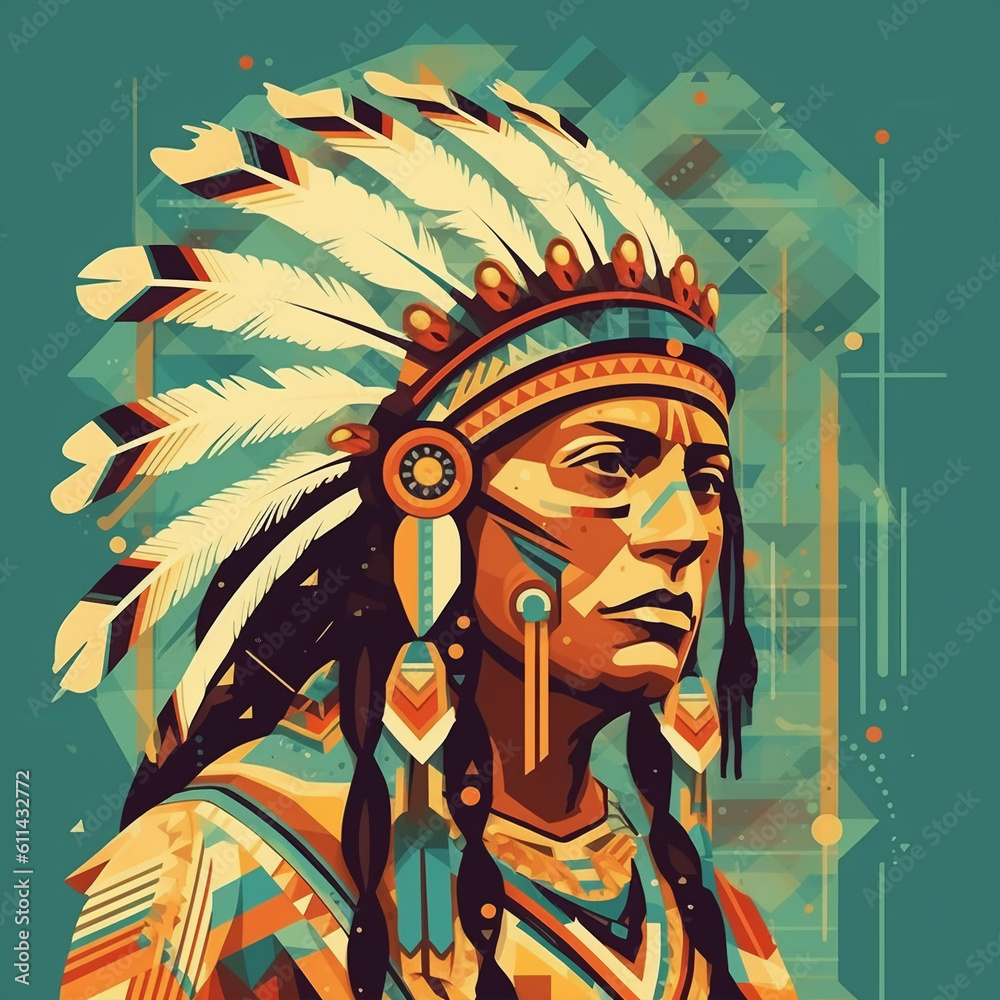 Indigenous man on abstract background. Indigenous man wearing headdress ...