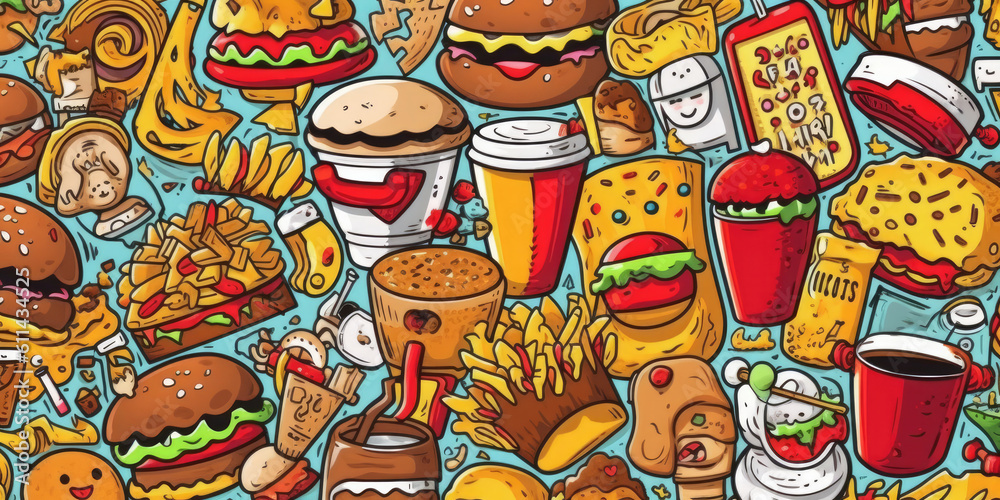 Fastfood hand drawn cartoon doodles illustration. Fast food funny ...
