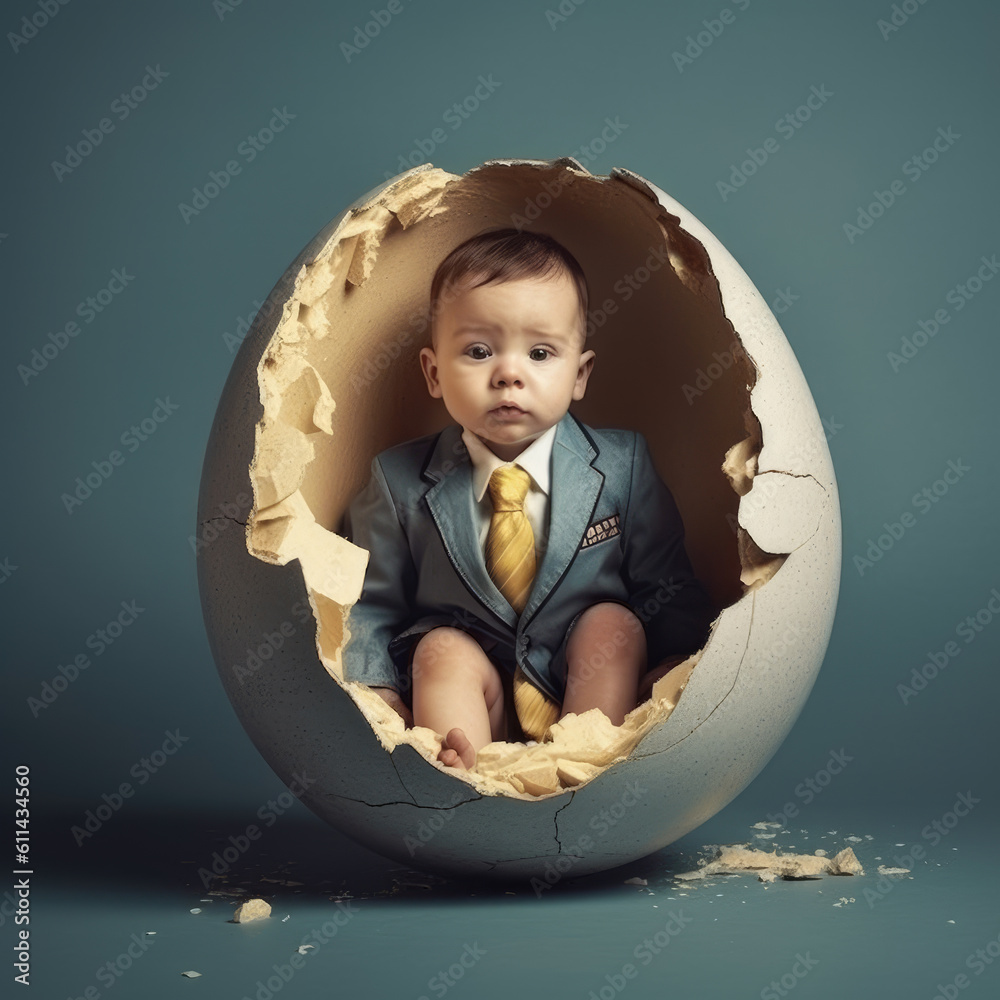 Startup symbol baby in a businessman suit hatches from an egg created ...