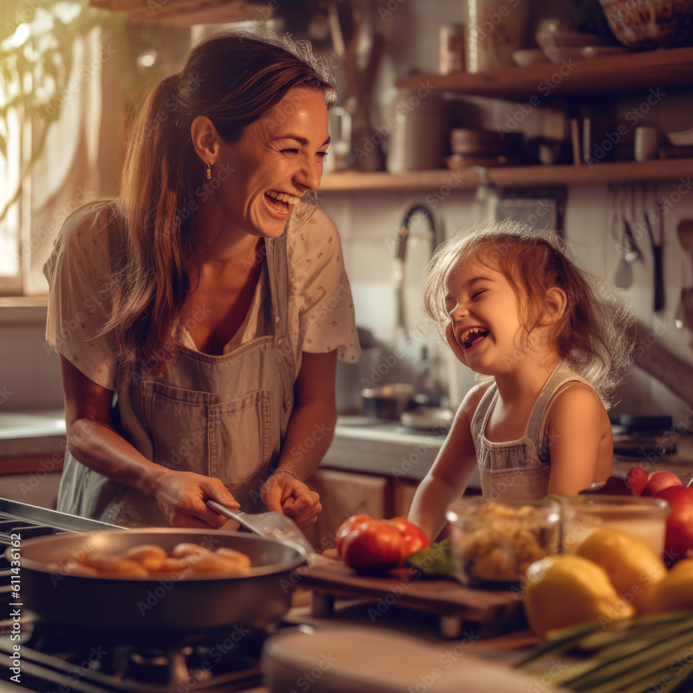 Mother and daughter helping each other to cook in the kitchen happily ...