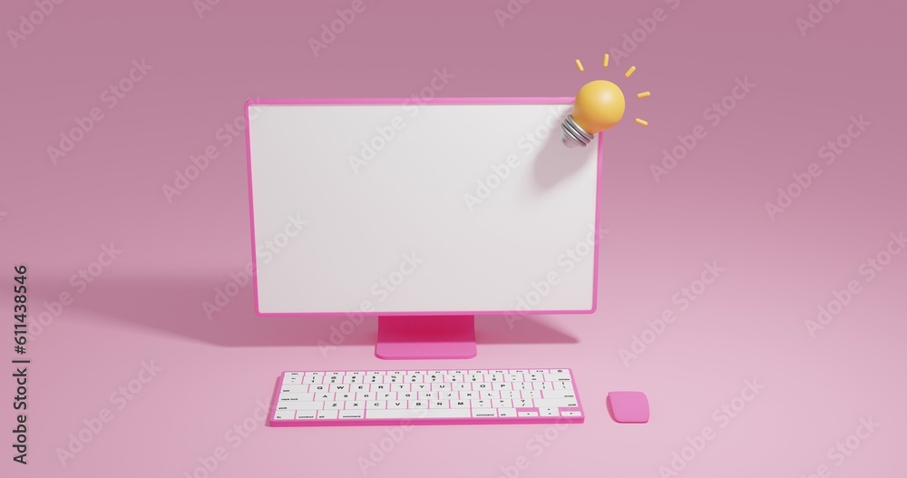 Pink pc blank screen monitor keybord mouse with yellow light bulb ...