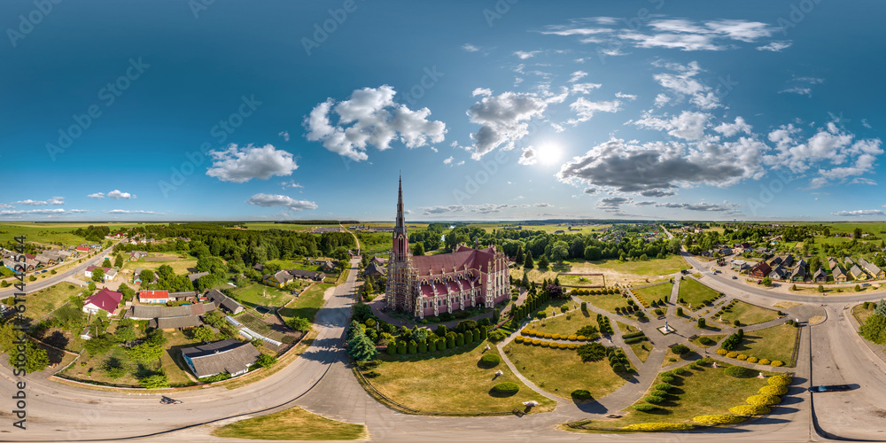 full hdri 360 panorama aerial view on red brick neo gothic catholic ...