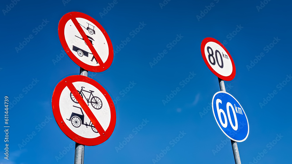 Low Angle View of Road Signs of Prohibition and Speed-Limit for Safety ...