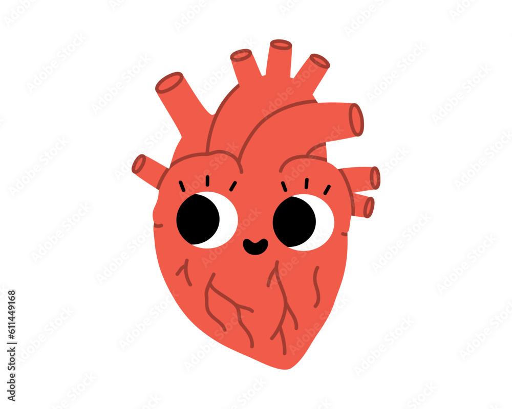 Hand drawn cute illustration human heart with smiling face. internal ...