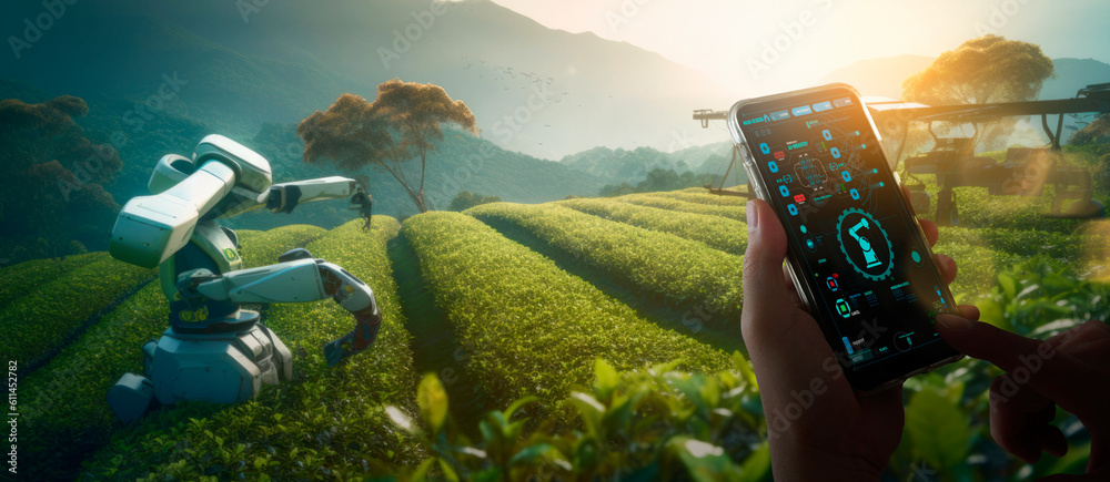 AI. Farmer use smartphone and robotics assistant. Pollinate of fruits ...
