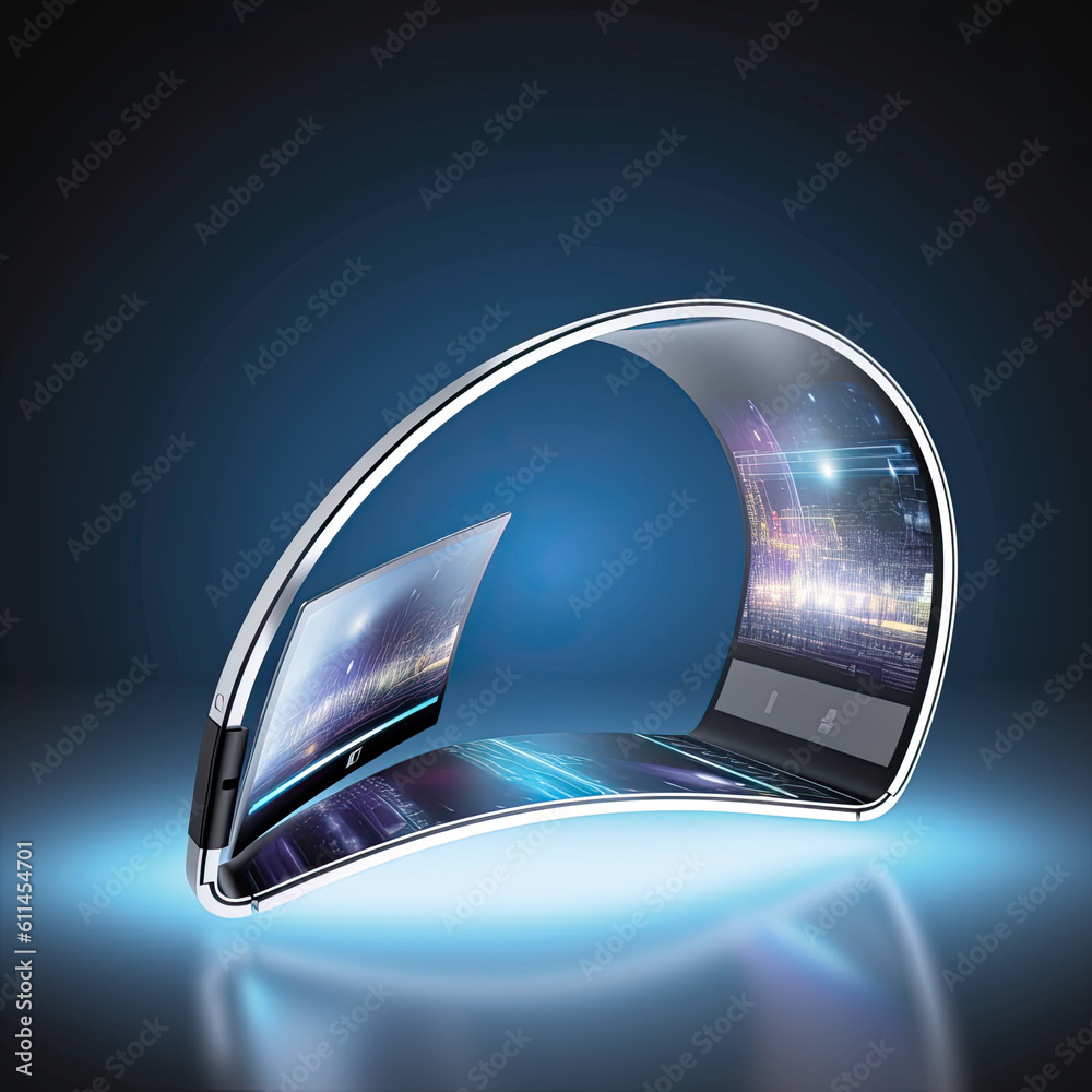 Hand and futuristic transparent smartphone isolated on black background ...