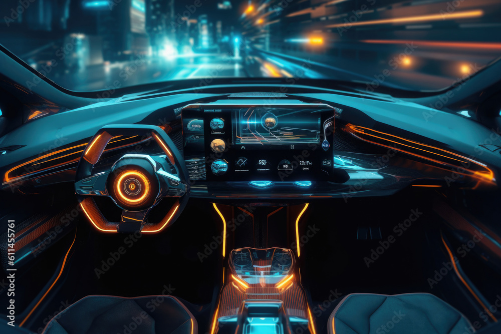 Futuristic autonomous vehicle cockpit. Interior of unmanned car cockpit ...