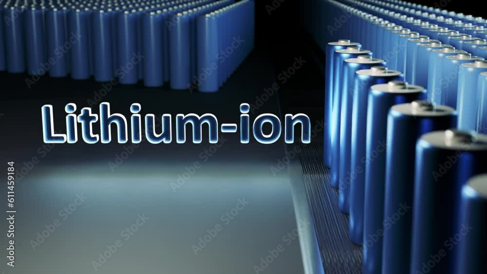 The line of Lithium-ion batteries in a dark background - 3D render ...