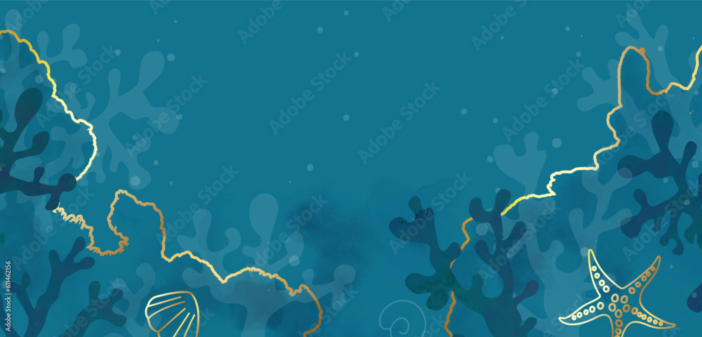 Watercolor marine background with corals,seashell, starfish and golden ...