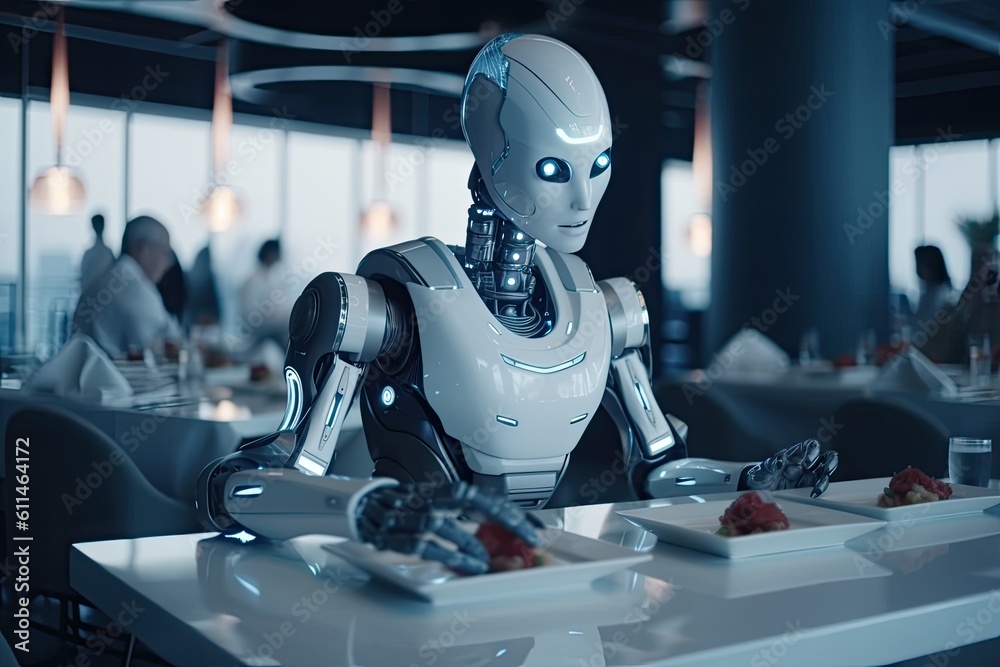 3d rendering humanoid robot sitting at table in restaurant and eating ...