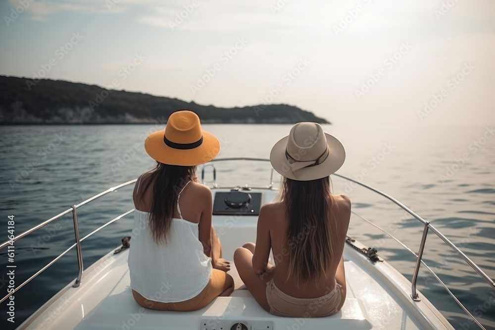 Back view of two young women in swimsuits and hats sitting on the back ...