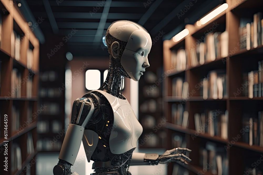 3d rendering humanoid robot in library with bookshelves on background ...