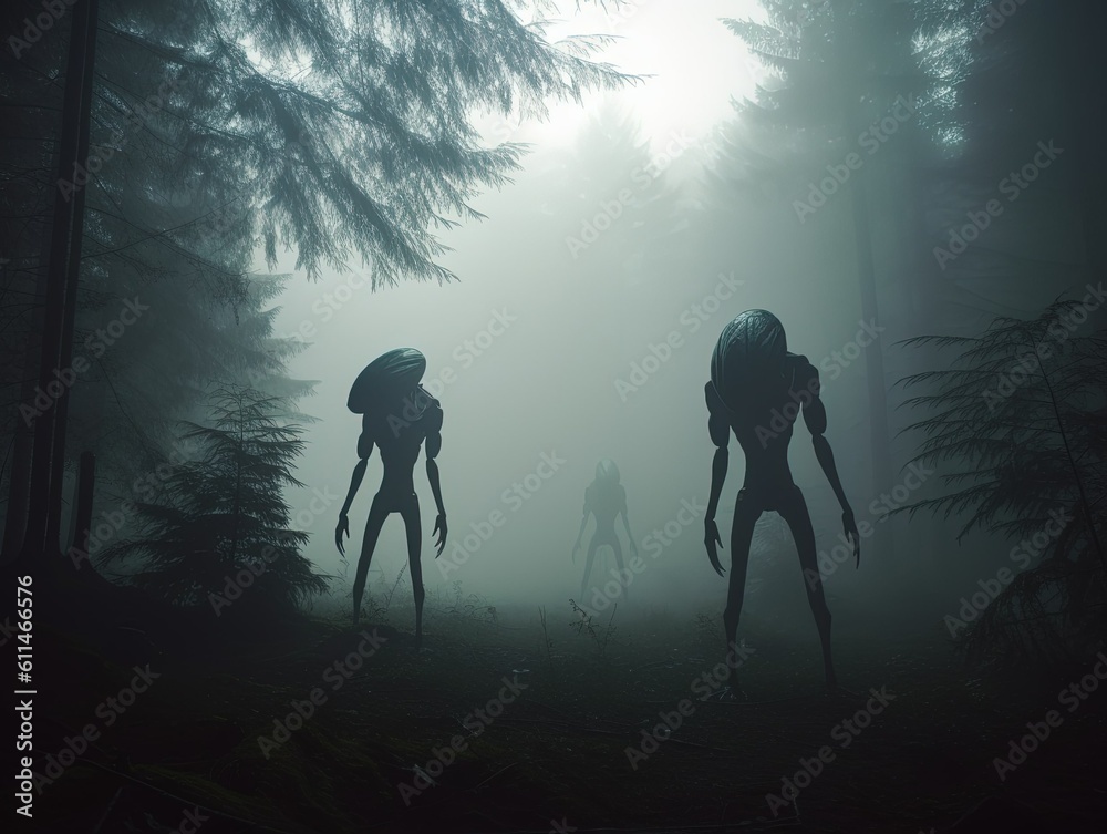 Alien silhouettes in misty forest created with Generative AI technology ...