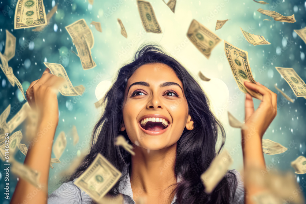 Winning a lottery concept. Smiling young Indian woman, happy expression, mouth open of ...