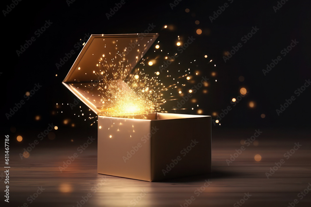 mystery box with Illuminated lighting glitter on dark background ...