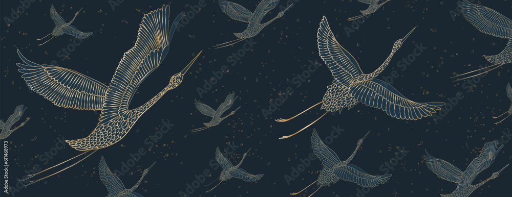 Luxurious dark blue background with crane birds with golden details ...