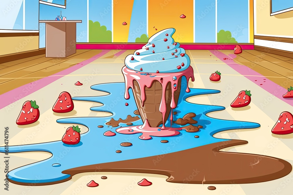 Cartoon depicting melting ice cream on the rooms floor. Summer has ...