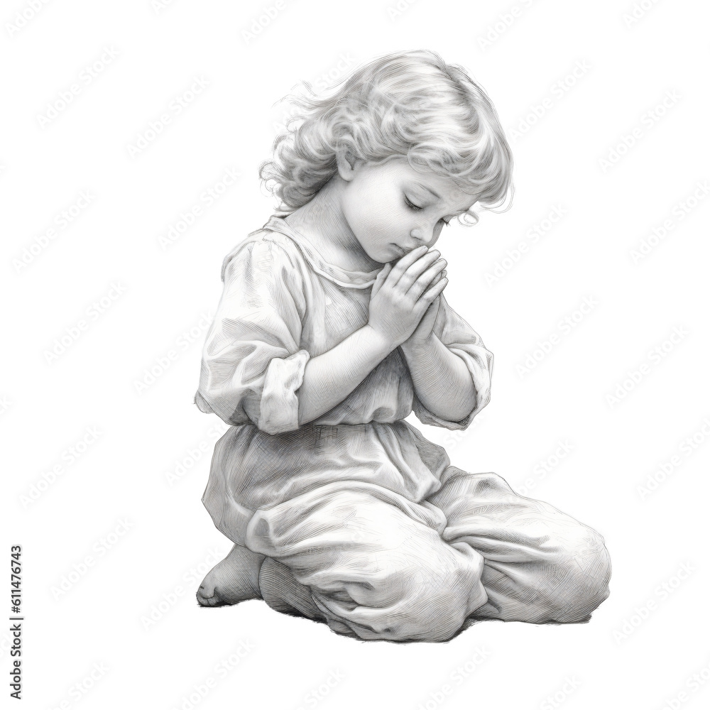 cute child kneeling at pray ein watercolor design isolated against ...