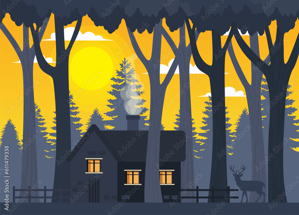 Country house night. Cartoon cottage landscape scene at night ...