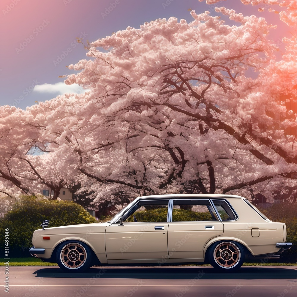 beige nissan 510 family wagon, four spoke silver rims, on pink sakura ...
