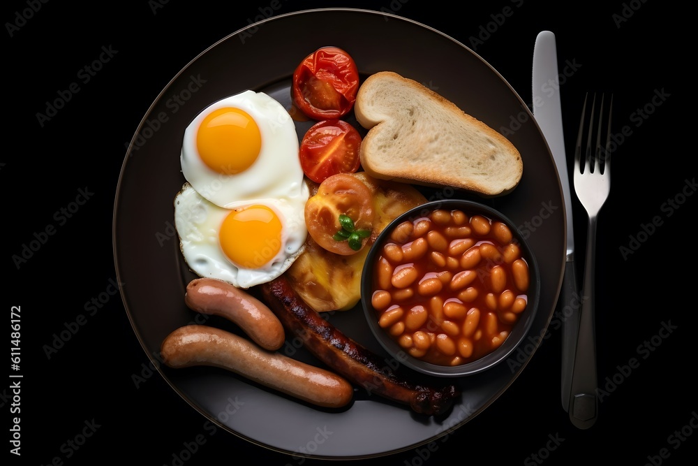 aerial view of traditional english breakfast on plate on black charcoal ...