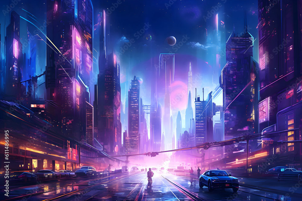 Beautiful neon night in a cyberpunk city. Illustration of the ...