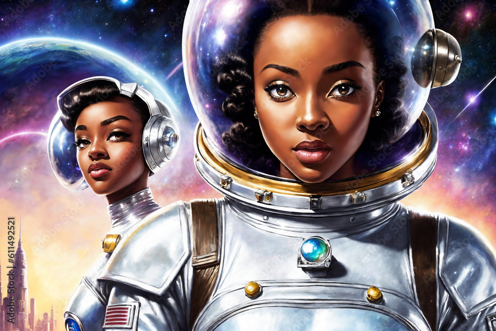 Portrait of a beautiful woman as an astronaut on background of stars ...