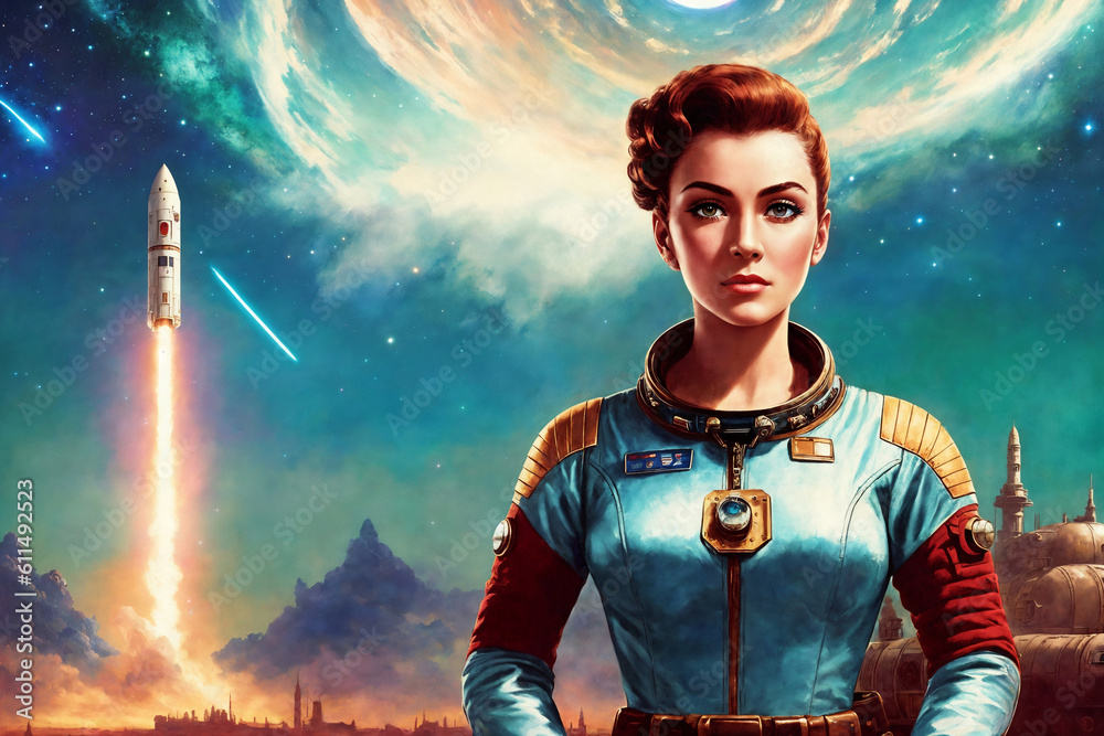 Portrait of a beautiful woman as an astronaut on background of stars ...