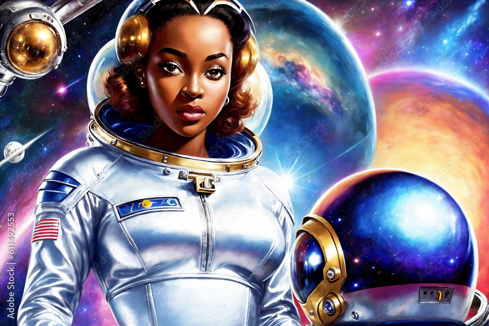 Portrait of a beautiful woman as an astronaut on background of stars ...