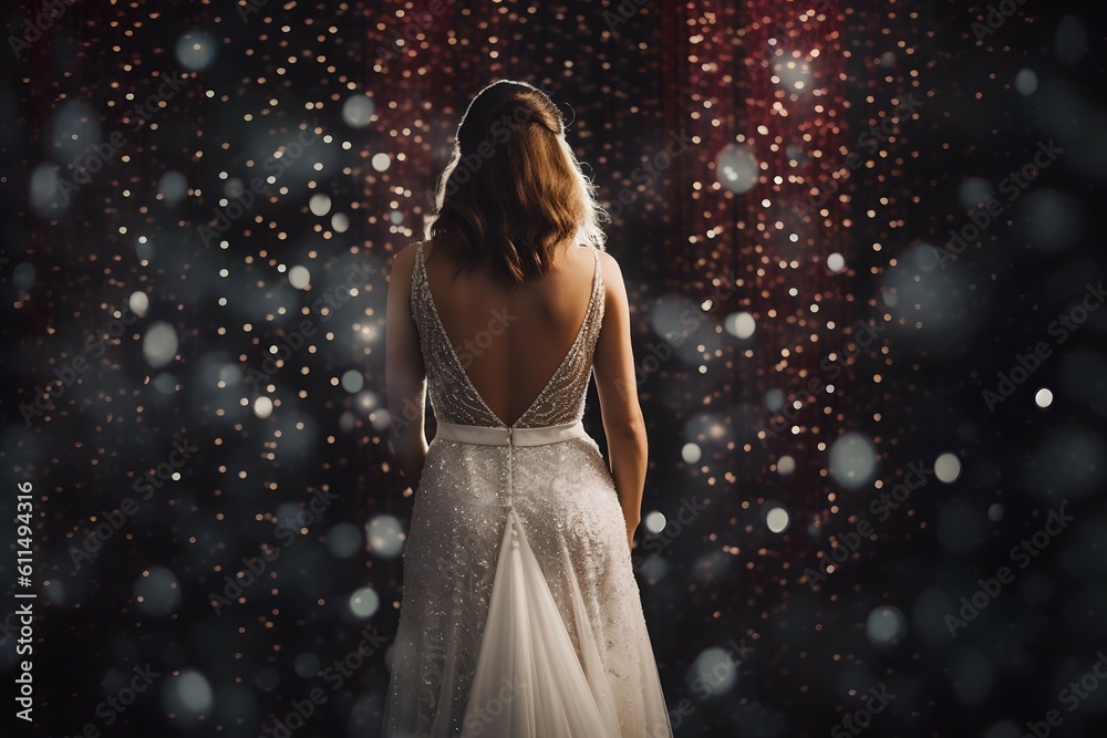 bride from behind in wedding dress woman, bright glitter background ...