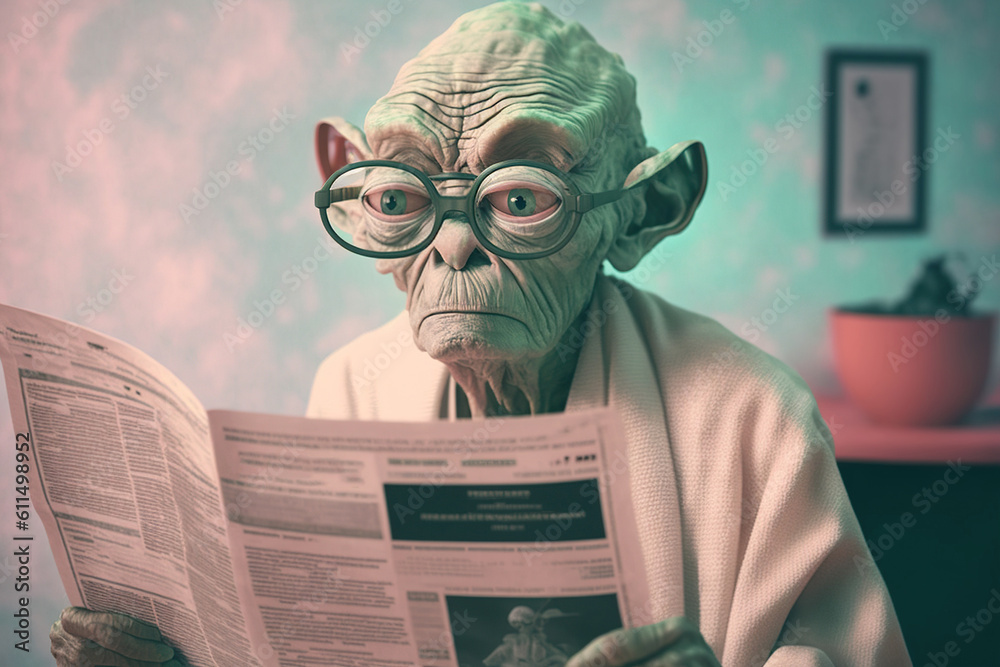 Studio photo portrait of a very old alien wearing glasses reading ...
