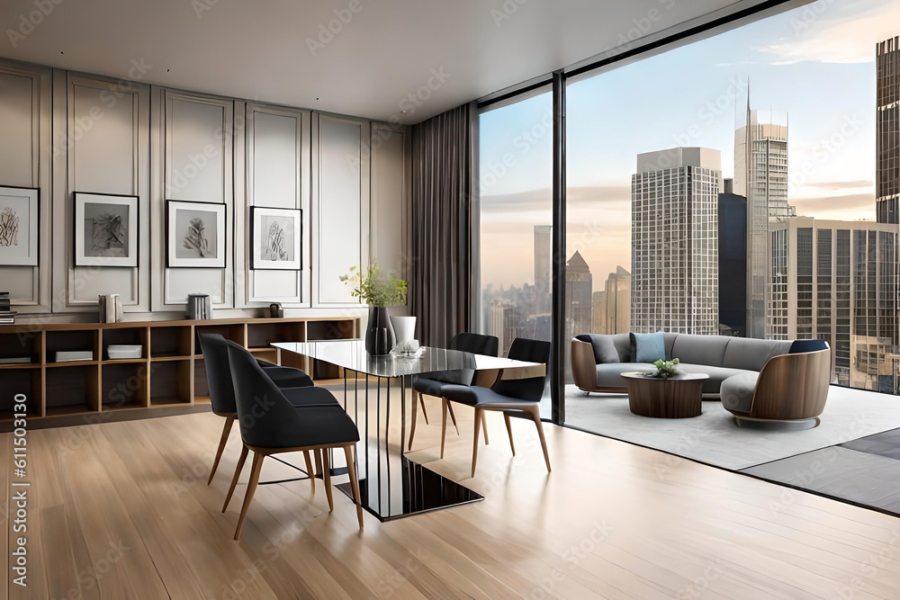 a high-end cafe, where a sleek glass-top table takes center stage ...