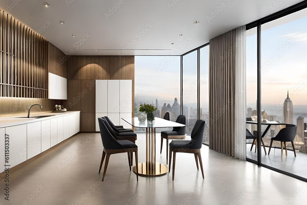 a high-end cafe, where a sleek glass-top table takes center stage ...