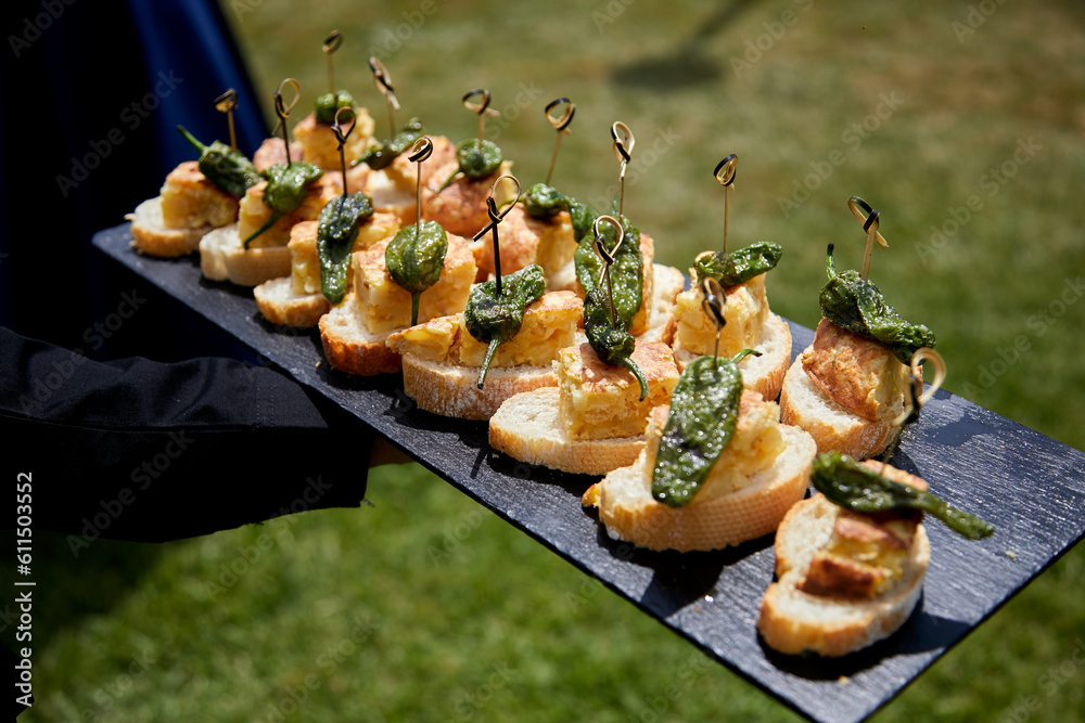 comida, bocadillos, catering, agape, frito, entrada, pimientos, verde ...