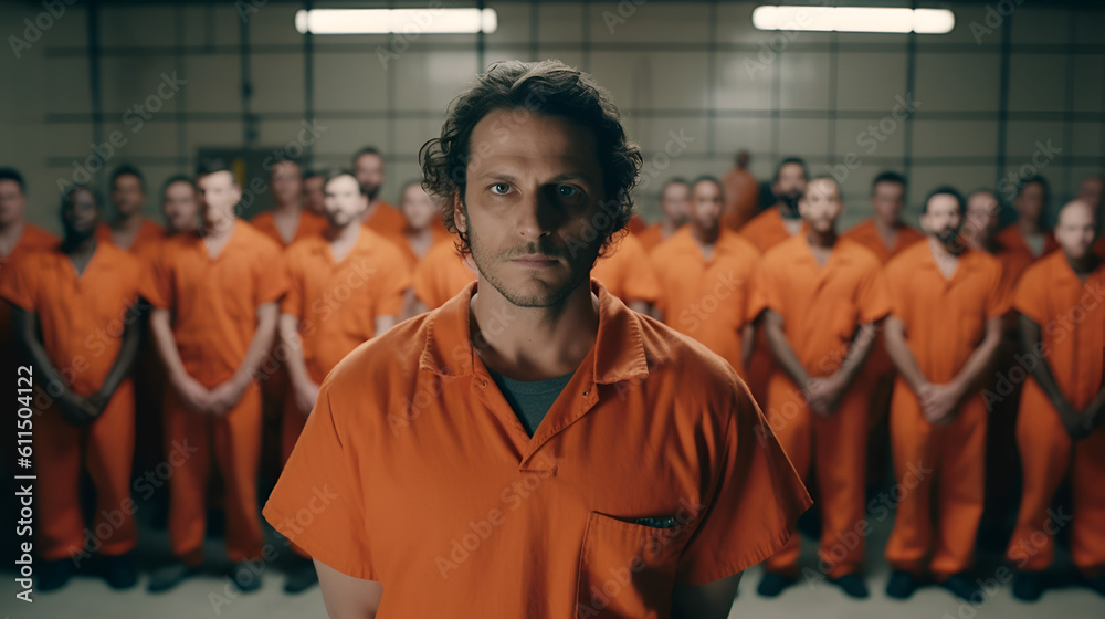 Prisoners in orange shirts at the prison Desperate handcuffed prisoner ...